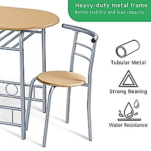 Yaheetech 3 Piece Round Dining Table Set Kitchen Breakfast Table Set for 2 Dining Table with 2 Chairs Space Saving Table Set w/Metal Frame, Wine Rack for Small Space/Dining Room/Apartment, Natural