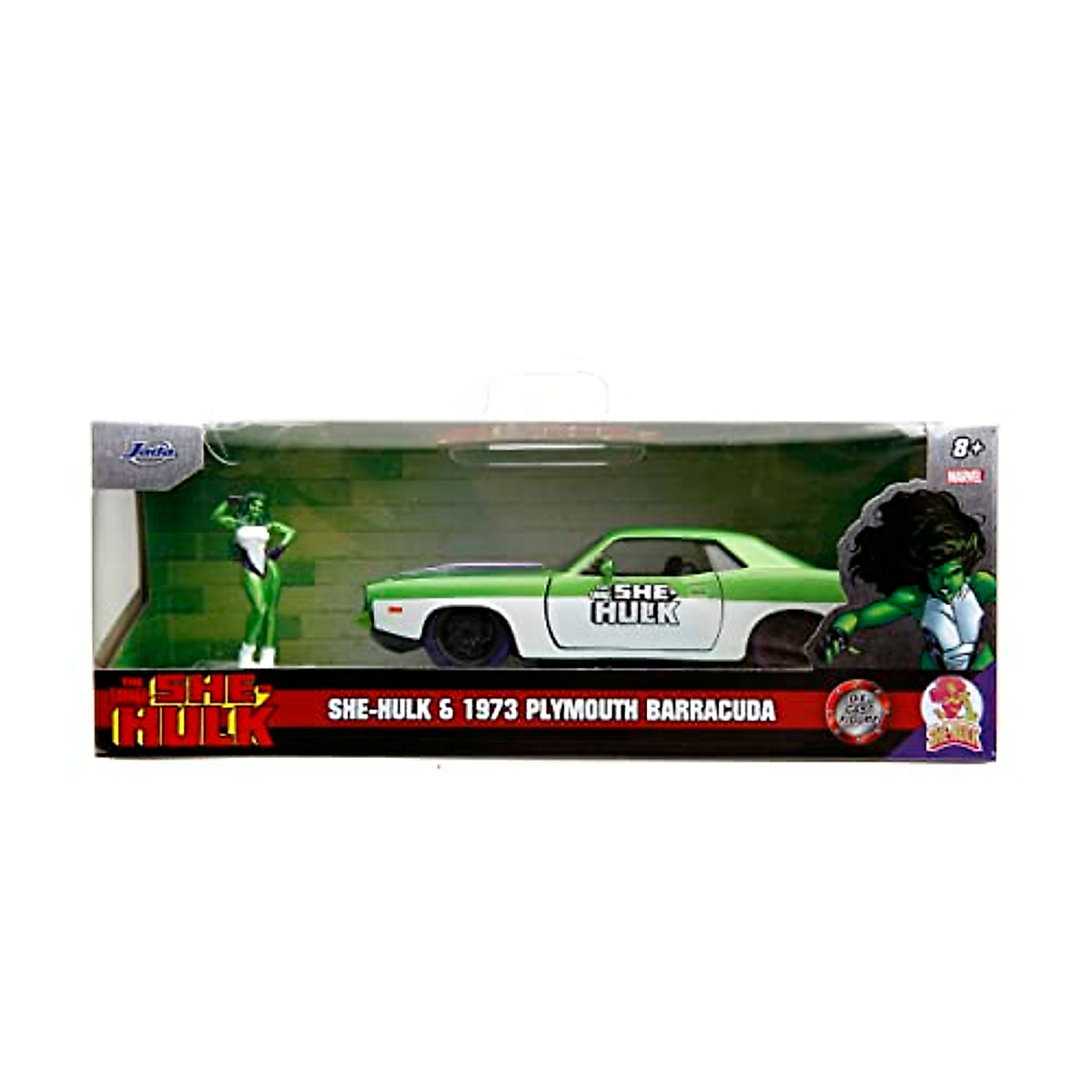 Marvel 1:32 1973 Plymouth Barracuda Die-Cast Car & 1.65" She-Hulk Figure, Toys for Kids and Adults