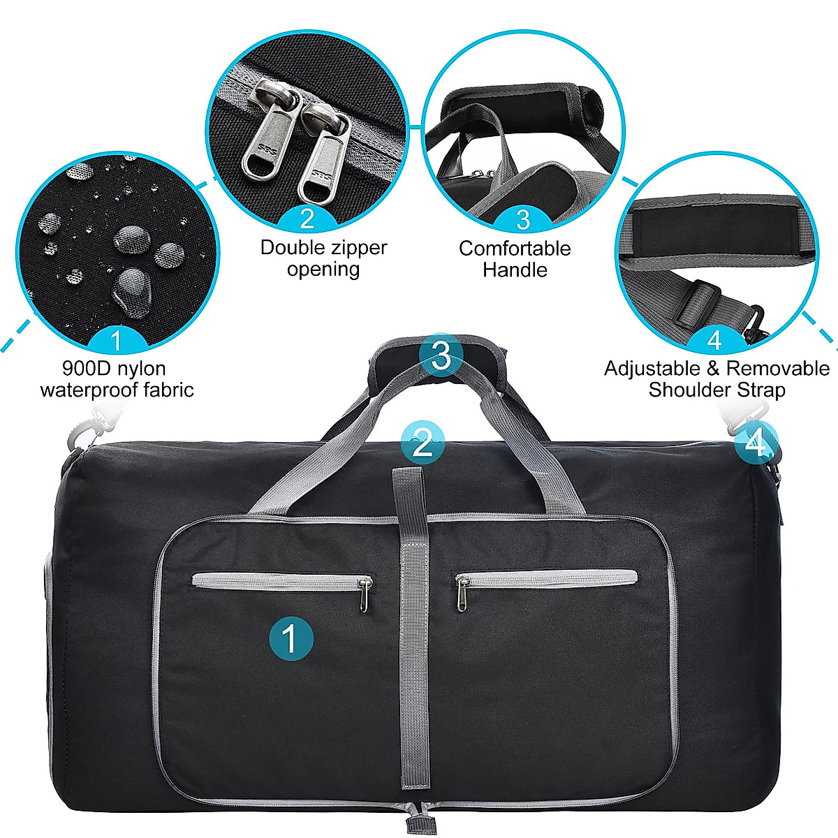 Felipe Varela 65L Duffle Bag with Shoes Compartment and Adjustable Strap,Foldable Travel Duffel Bags for Men Women,Waterproof Duffel Bags