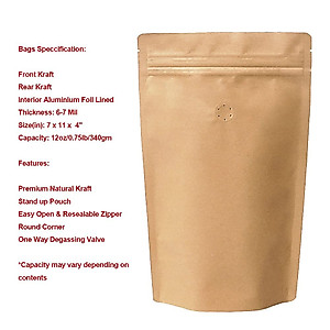 12 Ounce 50 Pieces Coffee Pouches with Ziplock - High Barrier Natural Kraft Paper Stand up Coffee Bags with One Way Degassing Valve & Zipper (50, 12oz/0.75lb/340gram)
