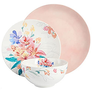Spice by Tia Mowry Goji Blossom Decorated Porcelain Dinnerware Set, Pink, 12-Piece