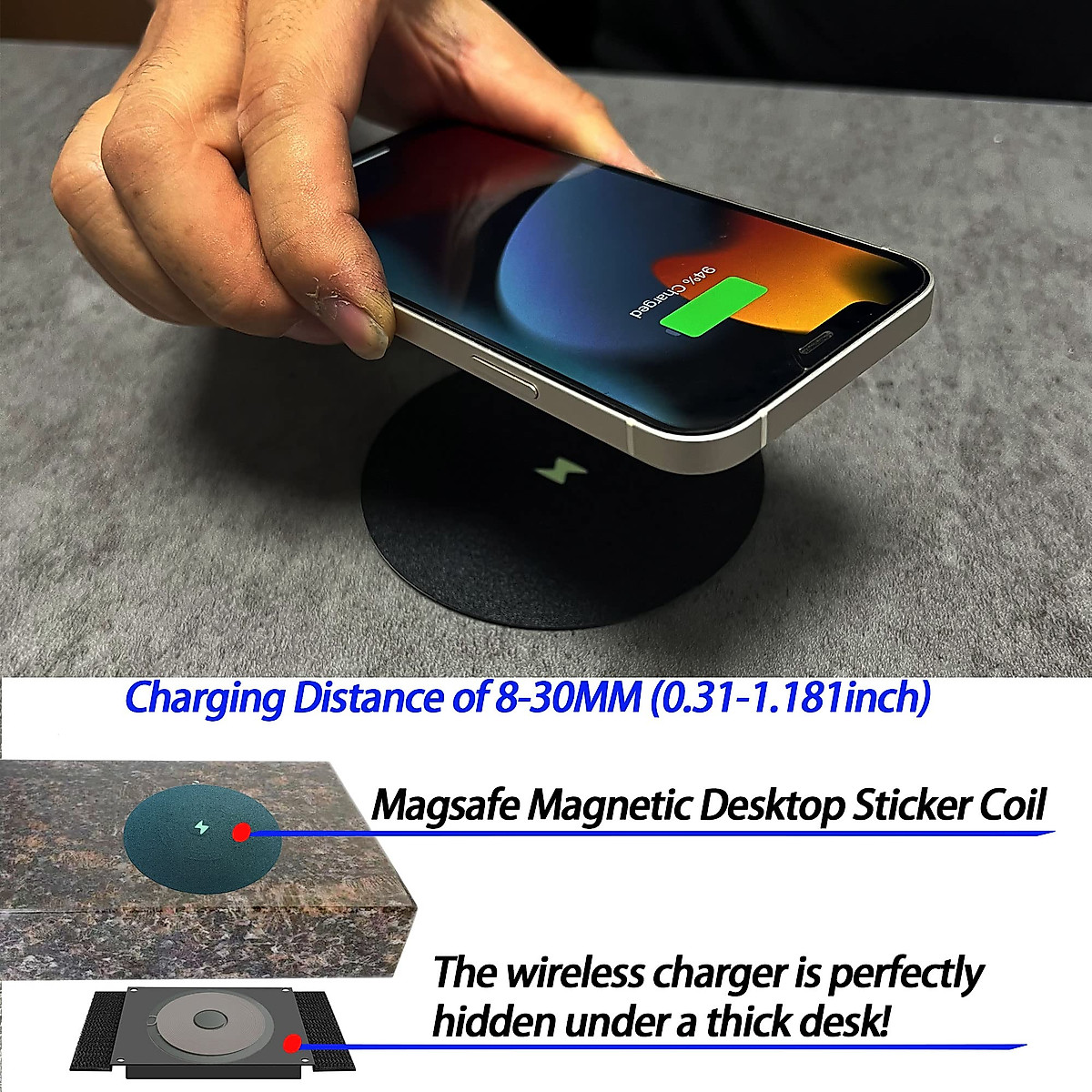 WLICNE Magnetic Invisible Wireless Charger 8-30MM, Under Desk 15W Furniture Wireless Charging Pad for Magsafe iPhone 14/13/ 12/airpods3 and Android Phone Wireless Charging(with PD Adapter)