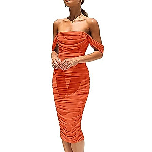 PRETTYGARDEN Women's Summer Off The Shoulder Ruched Bodycon Dresses Sleeveless Fitted Party Club Midi Dress (Orange,Small)
