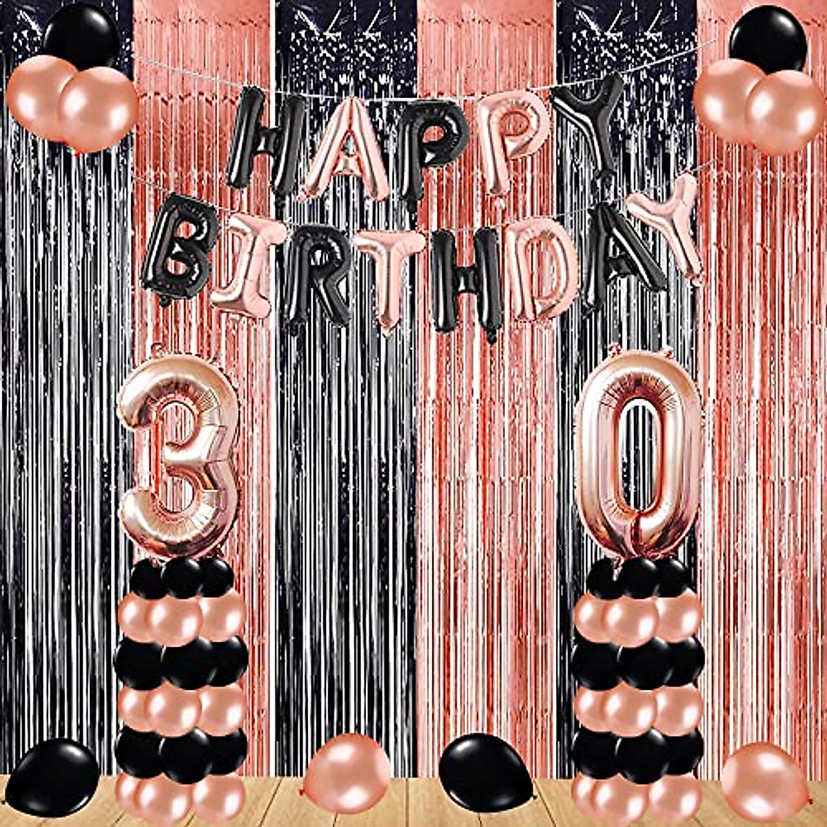 Rose Gold and Black Birthday Decorations, Black Rose Gold Party Supplies Foil Fringe Curtains Photo Backdrop for Graduation Wedding Bachelorette Birthday Party Decorations (3 Pack)