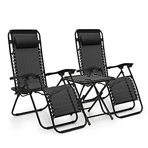 MoNiBloom Table and Patio Chairs Set of 3, Outdoor Adjustable Zero Gravity Folding Breathable Mesh Reclining Lounge Chairs with Pillow and Side Tray, 330lbs Capacity - Black