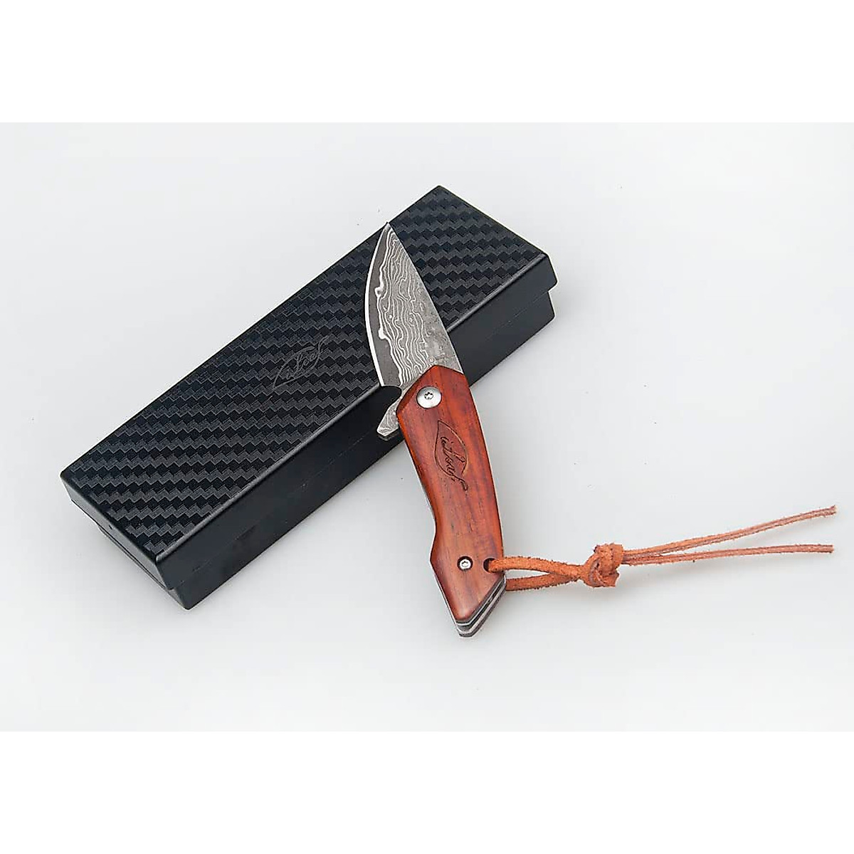 ILEAF Damascus Steel Folding Pocket Knife 2" Blade 3" Folded 5" Open, Liner Lock with Rosewood Handle Great for Camping Fishing Hiking