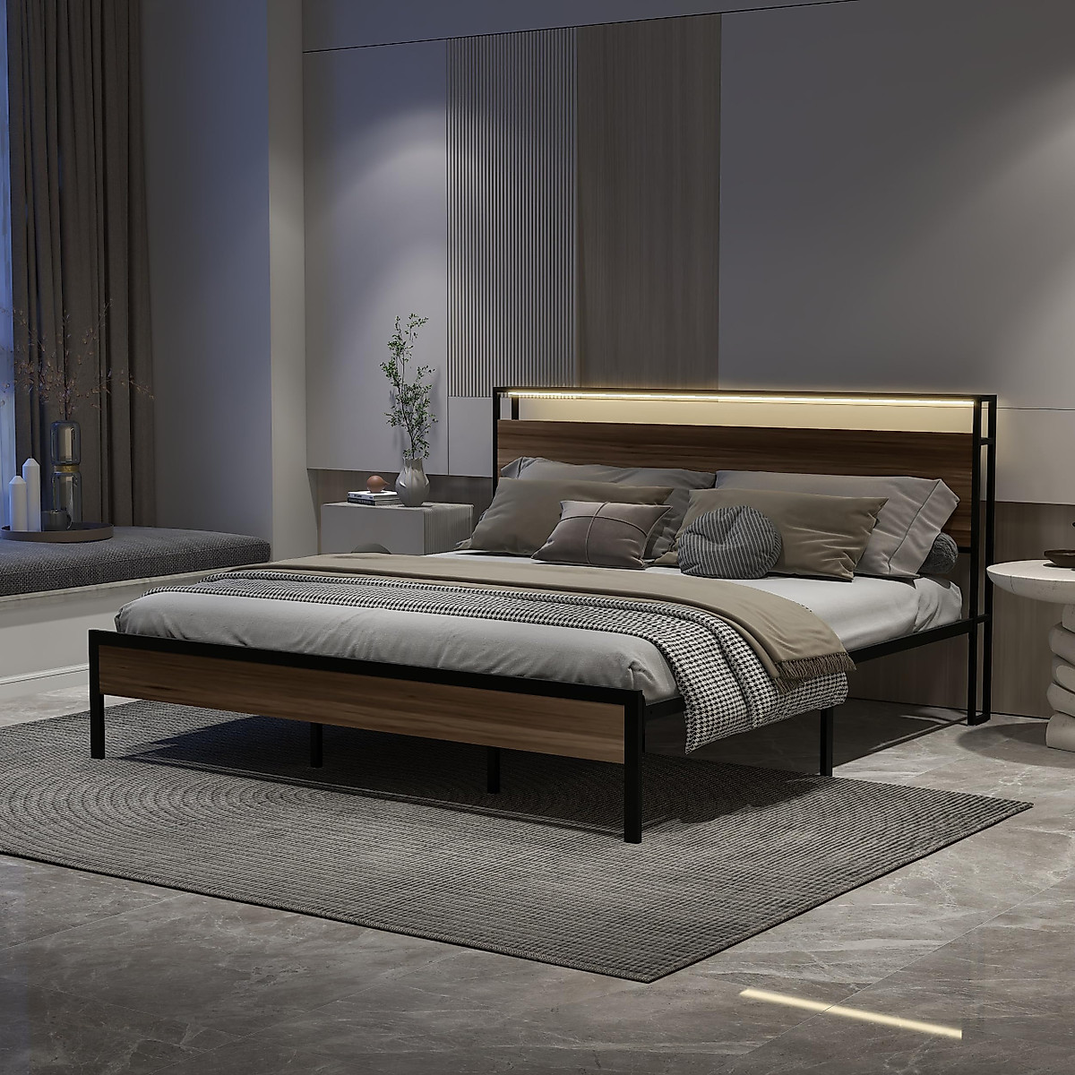 Tuconia King Bed Frame with LED Lights Metal Platform Bed Frame with Storage Headboard Built in Charging Station & USB Ports Noise-Free No Box Spring Needed Grey