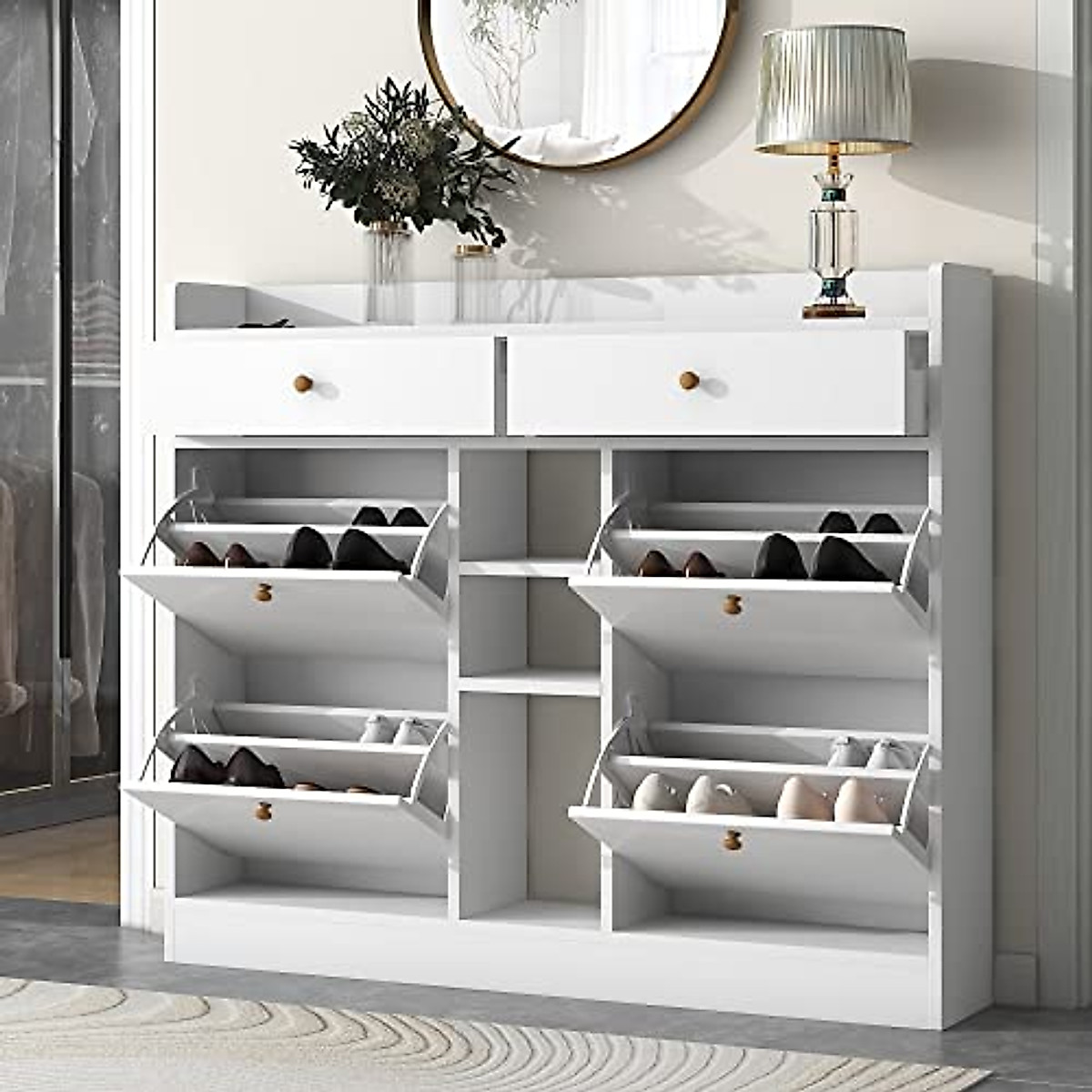 P PURLOVE Modern Entryway Shoe Storage Cabinet with 4 Flip Drawers,Multifunctional 2-Tier Shoe Storage Organizer with Drawers,Free Standing Narrow Shoe Rack for Entrance Hallway,White
