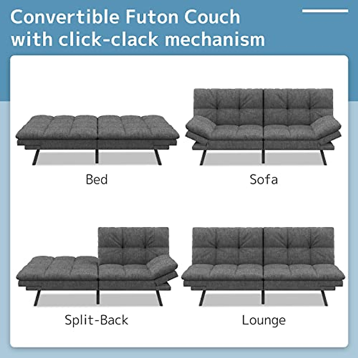 wOod-it Futon Sofa Bed, Memory Foam Foldable Couch Convertible Loveseat Sleeper Daybed with Adjustable Armrests for Small Space, Studio, Office, Apartment, Compact Living Room, Dark Gray