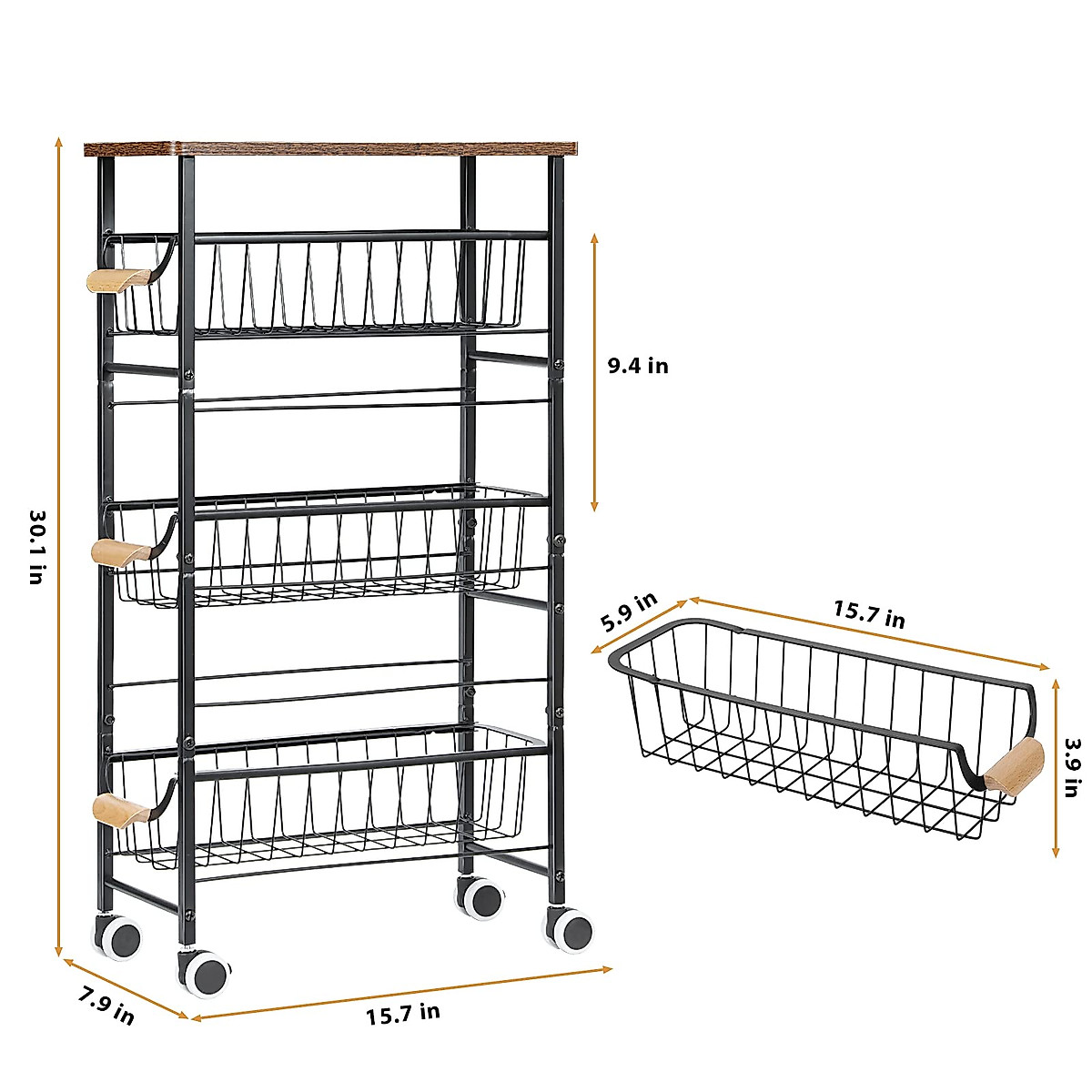 4-Tier Slim Storage Cart, Kitchen Rolling Utility Cart Bathroom Organizer Laundry Room Organization Mobile Shelving Unit with Slide-Out Metal Wire Baskets, Wooden Tabletop & Wheels for Narrow Space