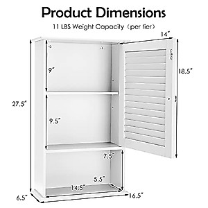 Tangkula Medicine Cabinet, Wall Mounted Bathroom Cabinet Single Door Wooden Bathroom Wall Cabinet with Adjustable Shelf