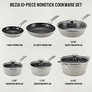 BEZIA Pots and Pans Set Nonstick, Induction Cookware Sets 10 Piece, Compatible with All Stoves, Dishwasher Safe Kitchen Cooking Pan Set with Frying Pans, Saucepans & Stockpot, Grey