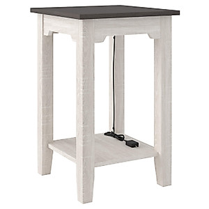 Signature Design by Ashley Dorrinson Square Chair Side End Table with Lower Fixed Shelf and USB Charging Port, Antique White & Brown
