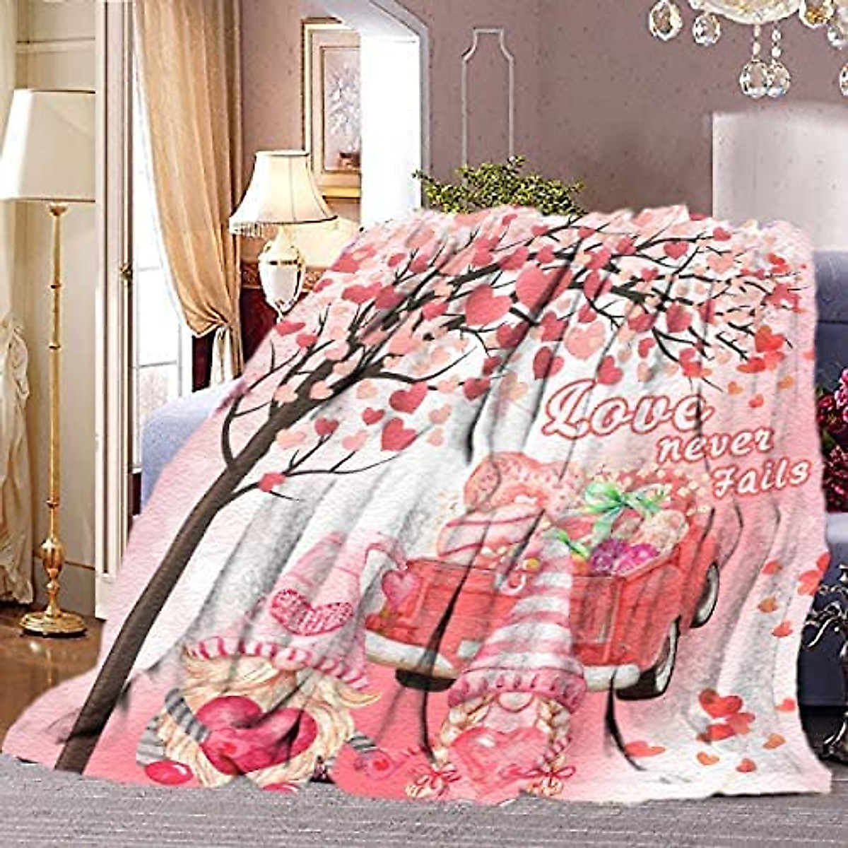 delaimastor Valentines Day Blanket Super Soft Flannel Fleece Throw Blankets Pink Red Love Heart Gnomes Truck Blanket Cozy Warm Fuzzy Plush Microfiber Blankets for Couch Bed Sofa Valentines Day Decor