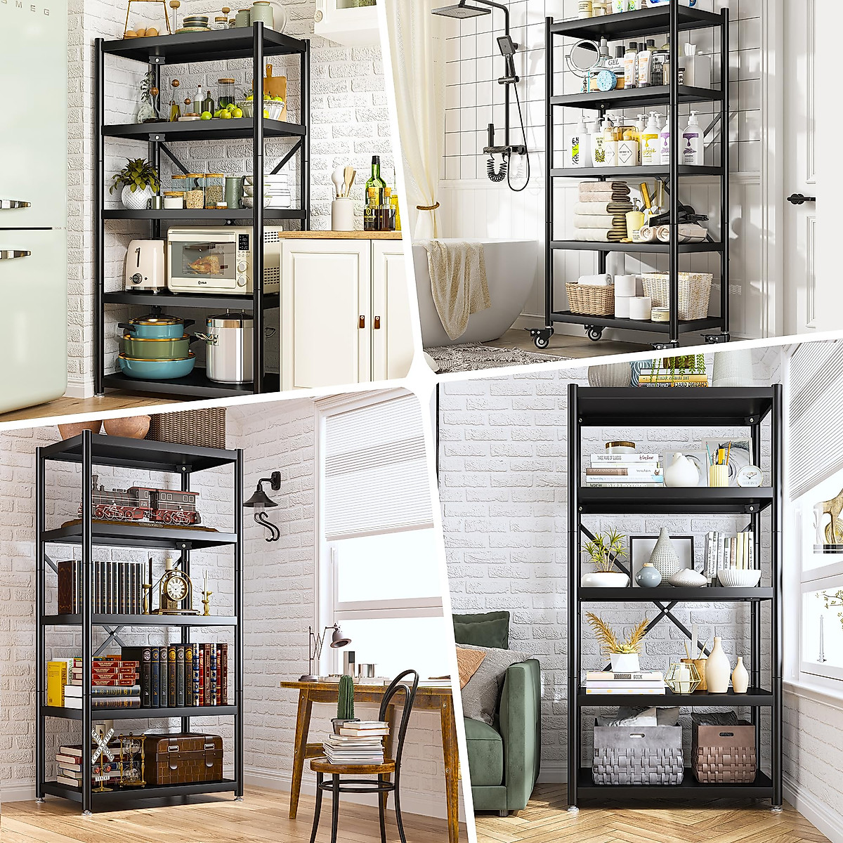 REIBII Storage Shelves with Wheels 5 Tier Metal Shelves for Storage Adjustable Metal Shelving with Wheels Portable Shelves Organizer Rack for Garage Kitchen Basement Pantry 65.5"H × 31.5"W × 15.5"D