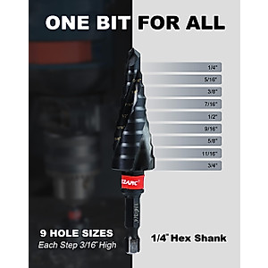 EZARC Step Drill Bit for Metal, M35 Cobalt Step Drill Spiral Flute Unibit Step Drill Bit (1/4''-3/4'') Wear-Resistant AlTiN Coated, 1/4" Hex Shank for Metal, Stainless Steel, Aluminum, Plastic