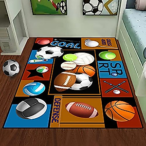Balls Rugs Area Rug Non-Slip Fun Sport Rugs, Gaming Carpet Balls Print with Basketball Rugby Football Tennis for Boys Girls Bedroom Play Room Game Area Home Decor (63" x 47")