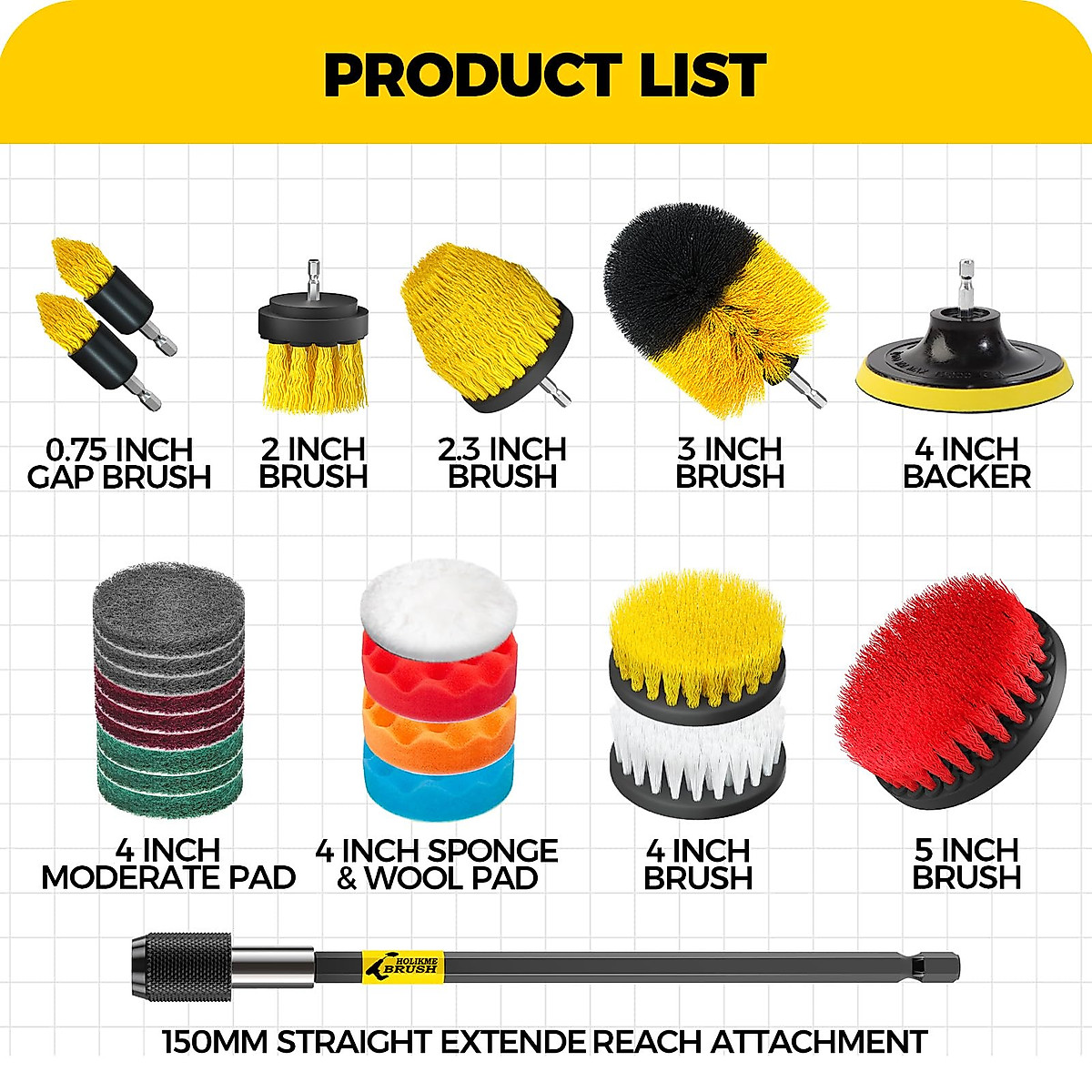 Holikme 22Piece Drill Brush Attachments Set, Scrub Pads & Sponge, Buffing Pads, Power Scrubber Brush with Extend Long Attachment, Car Polishing Pad Kit