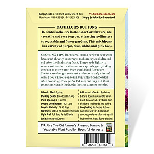 The Old Farmer's Almanac Bachelors Buttons Seeds - Approx 500 Flower Seeds - Non-GMO, Premium, Open Pollinated