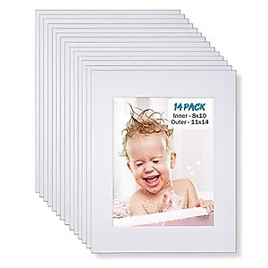 Egofine 11x14 White Picture Mats Pack of 14, Frame Mattes for 8x10 Pictures, Acid Free, 1.2mm Thickness, with Core Bevel Cut