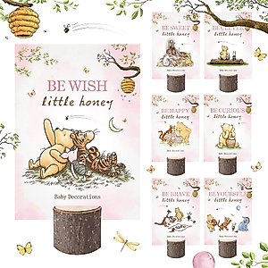 FOLNESH 8Pcs Winnie Baby Shower Centerpieces Wooden Stands for Girls Pink Classic Party Table Decorations Double Side Winnie Themed Party Supplies Vintage Winnie party Favors
