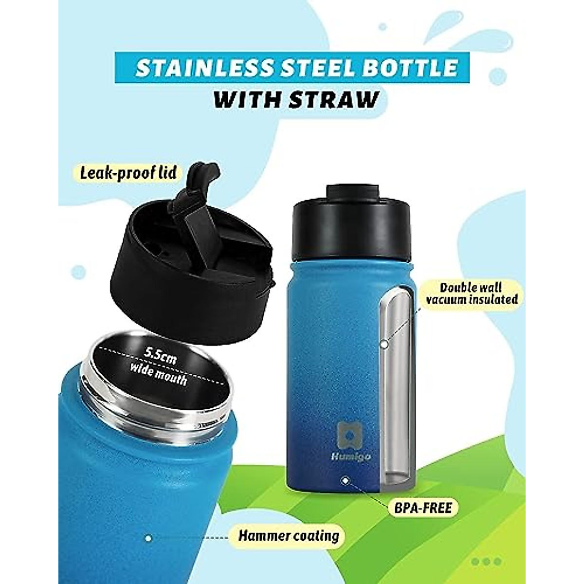 HUMIGO Water Bottle with Straw, 12oz Insulated Water Bottle, Water Bottle for Kids with Double Walled Vacuum Insulated, Stainless Steel Water Bottles, BPA Free 1033-350 (Gradation Blue)