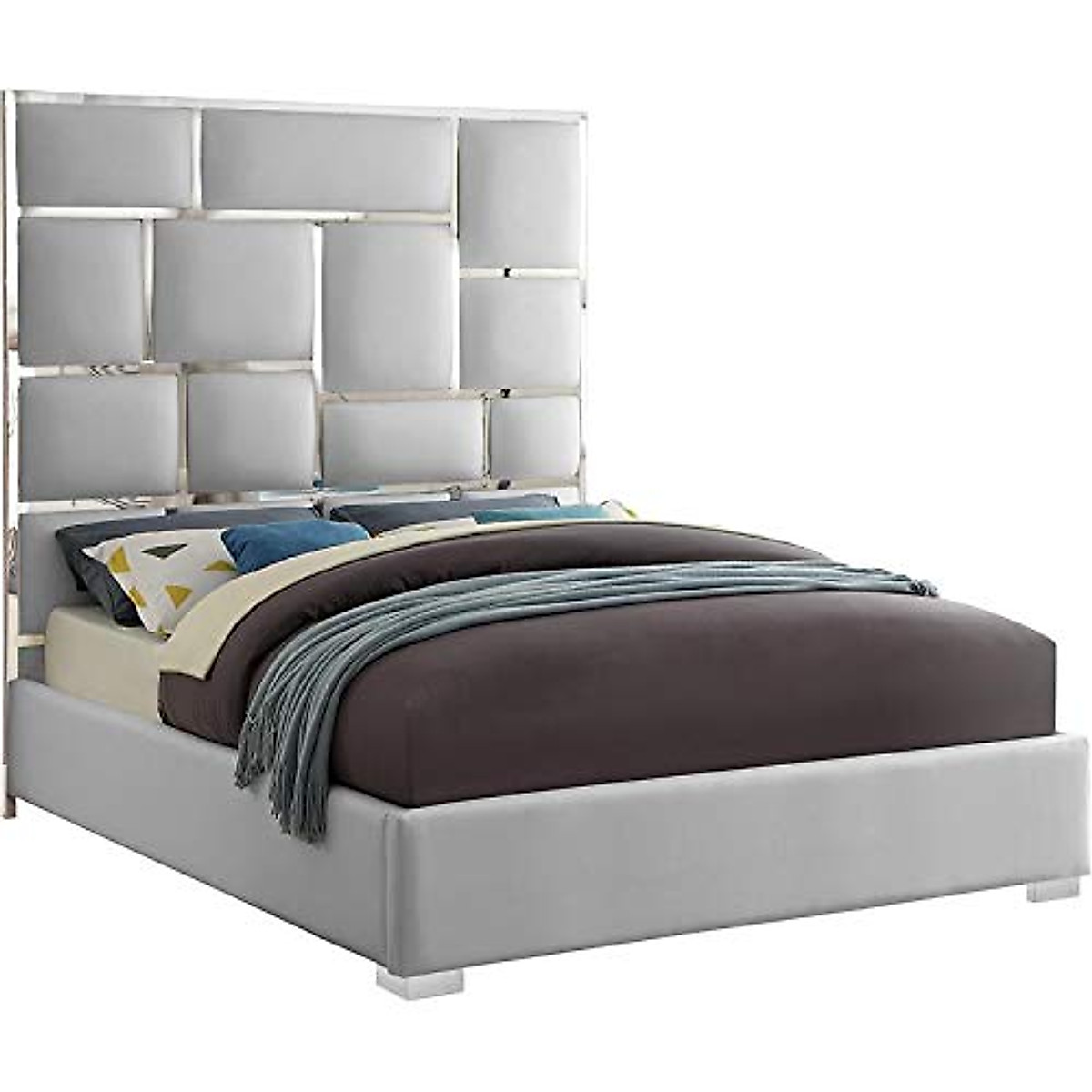 Meridian Furniture Milan Collection Modern | Contemporary Faux Leather Upholstered Bed with Custom Chrome Metal Legs and Geometric Designed Headboard, King, White