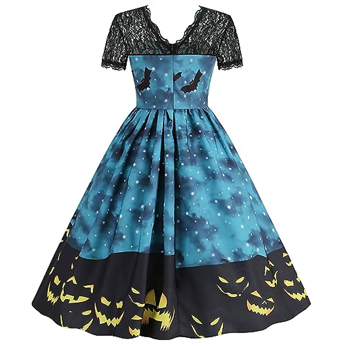 Halloween Costumes for Women Scary Funny Skeleton Swing Dress Lace Short Sleeve Flared Dresses Holiday Party Dress Sky Blue