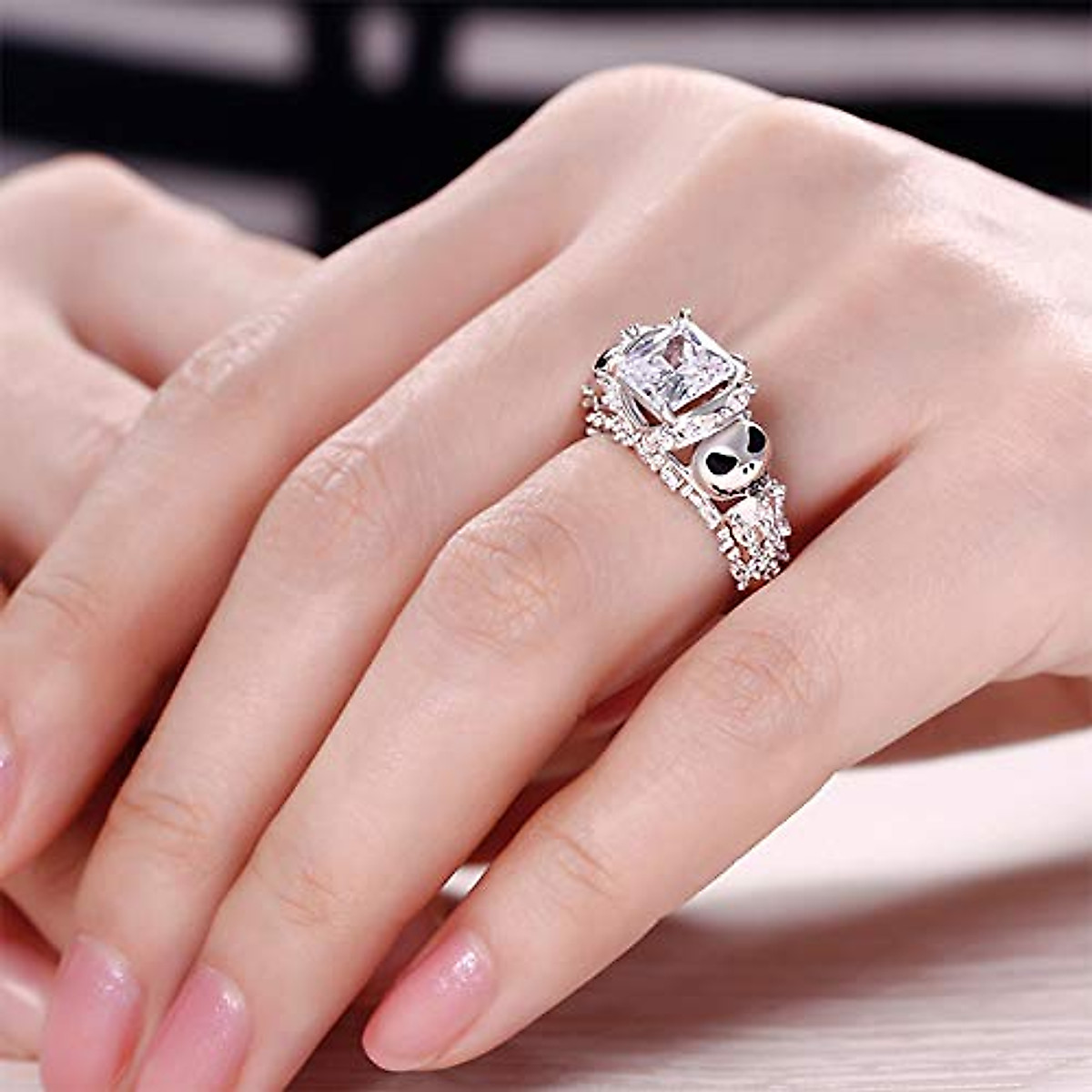 Jeulia Jack Skellington Rings Women Nightmare Before Christmas Skull Rings 925 Sterling Silver Princess Cut Band Ring Anniversary Promise Romantic for Her Teen Girls (6)