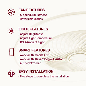 YANASO Hue Ceiling Fan - Bladeless Ceiling Fan with Lights with Alexa/Google Assistant/App Control Color Changing LED-RGB Back Ambient Light for Living Room Bedroom Kitchen,Low Profile(Black)