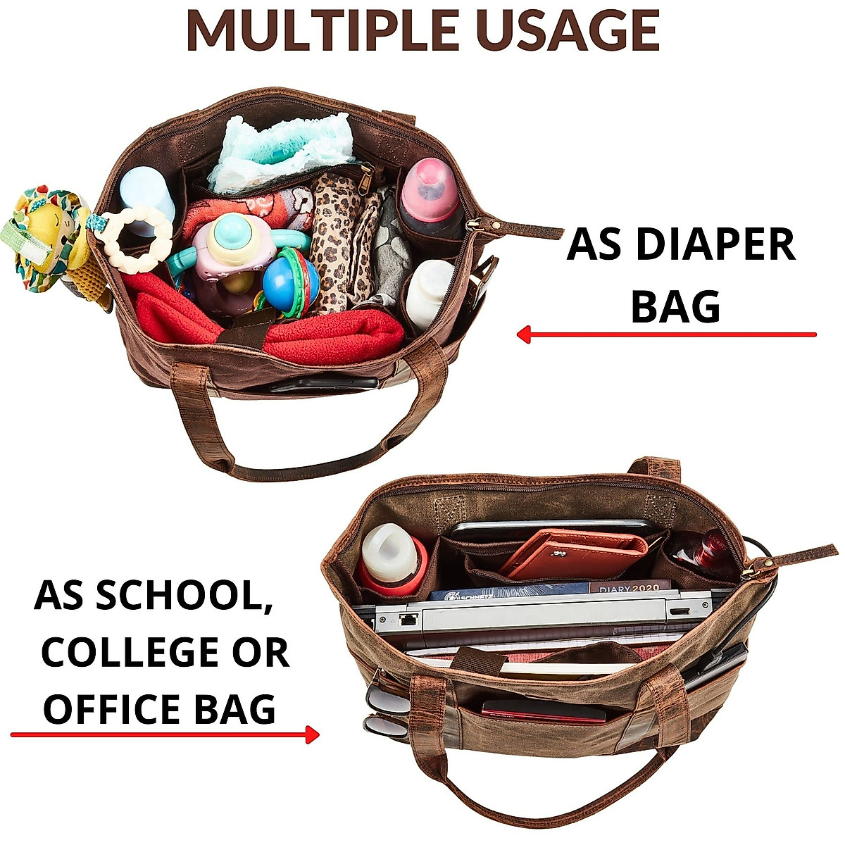 Wise Owl Accessories Tote Bag for Women Real Leather Shoulder Handbag Organizer Water Repellent Waxed Canvas with Compartments (Taupe)