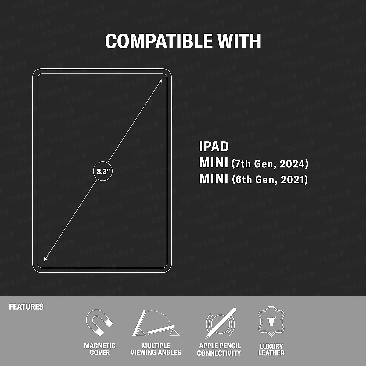 TORRO Smart Folio Compatible with iPad Mini 7/6 - Leather iPad Mini 7th / 6th Generation (2024/2021) Smart Case Magnetic Cover with Auto Wake/Sleep and Stand Function (Black)