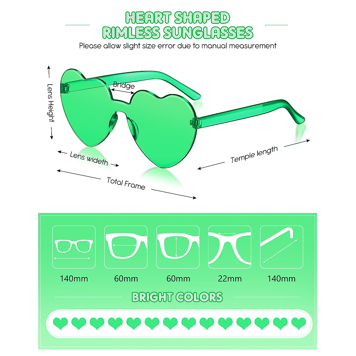 Colzzy Pcs Heart Shaped Rimless Sunglasses Transparent Colorful Frameless Glasses Eyewear Bachelorette Party (Fluorescent Green)