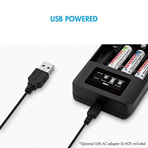 Tenergy TN474U 4-Bay NiMH/NiCD Battery Charger with LCD Display and USB Input, Portable Charger for AA/AAA NiMH and NiCD Batteries