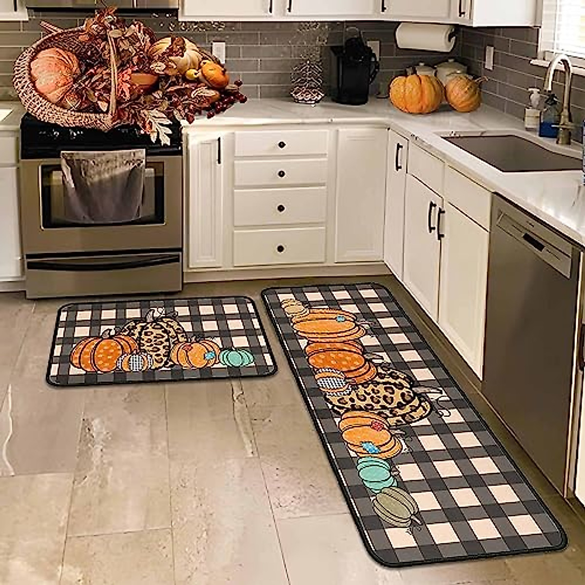 Fall Kitchen Rugs and Mats Set of 2, Thanksgiving Kitchen Rug Non Slip Backing Fall Decorations for Home Seasonal Farmhouse Fall Holiday Autumn Harvest Low-Profile Kitchen Floor Mat 17"X47"+17"X30"