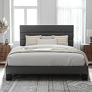 Allewie Queen Size Platform Bed Frame with Fabric Upholstered Headboard and Wooden Slats Support, Fully Upholstered Mattress Foundation/No Box Spring Needed/Easy Assembly, Dark Grey