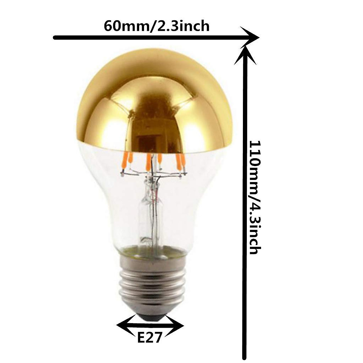 K JINGKELAI Half Chrome Light Bulb A60 6W(60W Equivalent) LED Filament Vintage Edison Bulb with Half Chrome Gold,for Home Lighting,Warm White 2700K,4 Pack