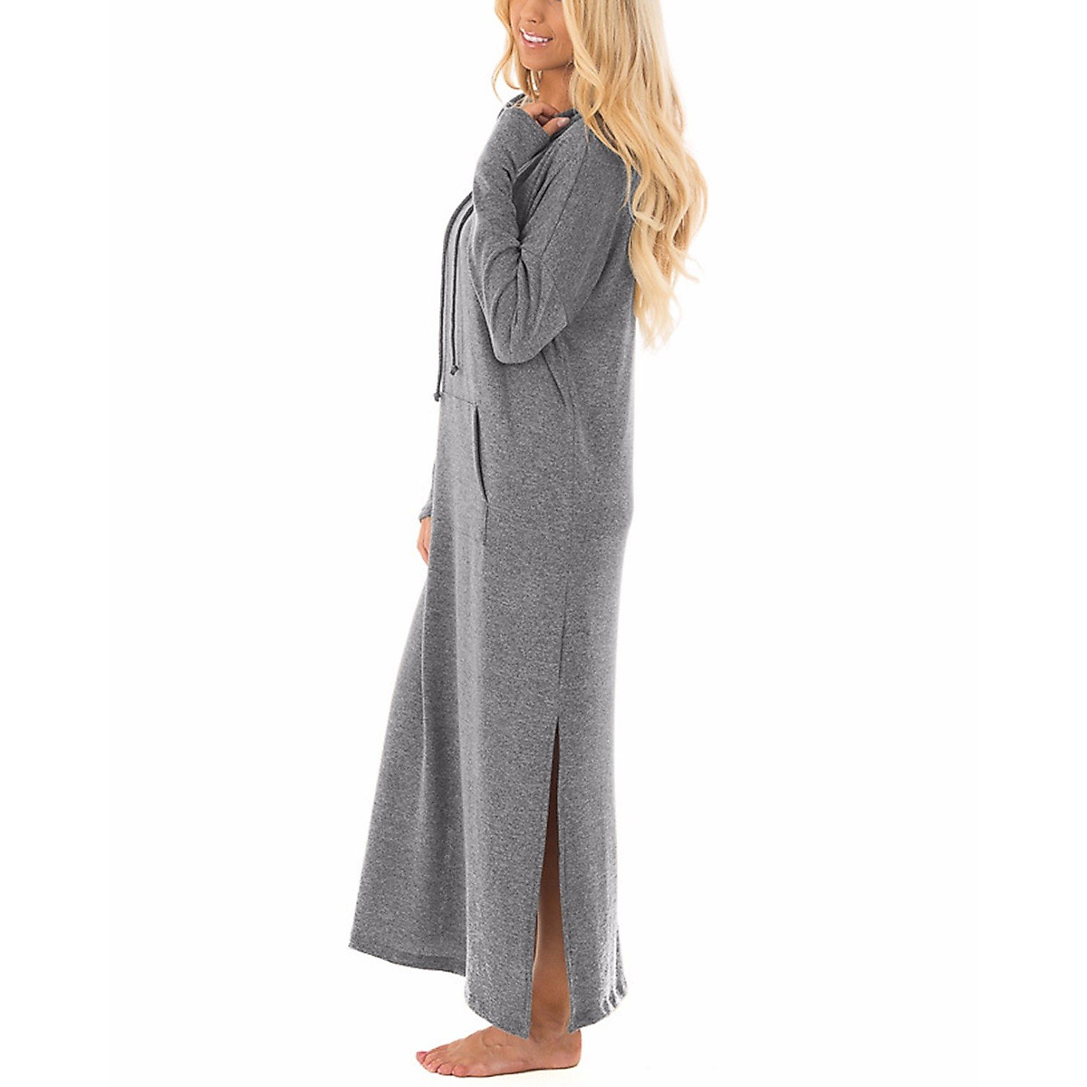 GIKING Women's Casual Hoodies Long Sleeve Split Hooded Long Maxi Sweatshirt Dress with Pockets 2023 Fall Fashion（Gray,L）