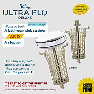 Drain Buddy Ultra Flo- 2 in 1 Bathroom Sink Stopper & Hair Catcher W/Patented Pull Clean Technology! | Fits 1.25” Sink Drains, Clog Preventing | Chrome Metal Cap / 1 Replacement Basket