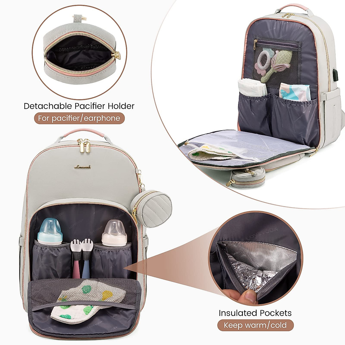 LOVEVOOK Diaper Bag Backpack, Quilted Baby Bag with Changing Pad & Pacifier Holder, Waterproof Travel Diaper Bags for Baby Boys Girls, Stylish and Large Capacity, Light Grey