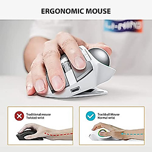 ProtoArc Wireless Bluetooth Trackball Mouse, EM01 2.4G RGB Ergonomic Rechargeable Rollerball Mice, 3 Device Connection&Thumb Control, Compatible for PC, iPad, Mac, Windows-White Silver