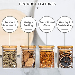 Laramaid 7oz 12Packs Glass Jars Set with 208 Minimalist Spice Labels, Square Spice Jars with Bamboo Lids and White Vinyl Customized Sticker Labels, Food Storage Container Canisters