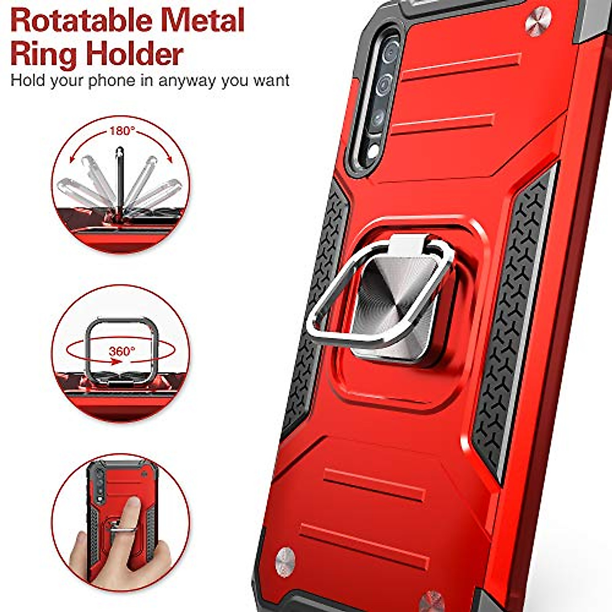 IDYStar Galaxy A50 Case with Screen Protector, Galaxy A30S Case, Shockproof Drop Test Cover with Car Mount Kickstand Lightweight Protective Cover for Samsung Galaxy A50/A30S/A50S, Red