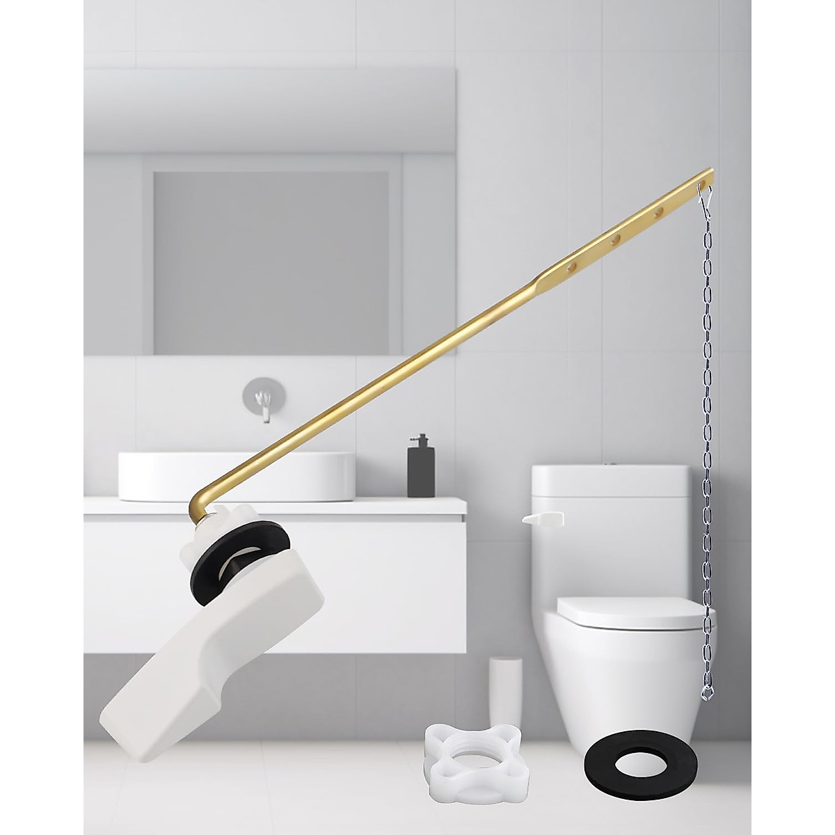 Hibbent Toilet Handle Replacement, Front Mount Tank Flush Lever Handle Compatible with American Standard, Toilet Trip Lever with Stainless Steel Flapper Chains, White