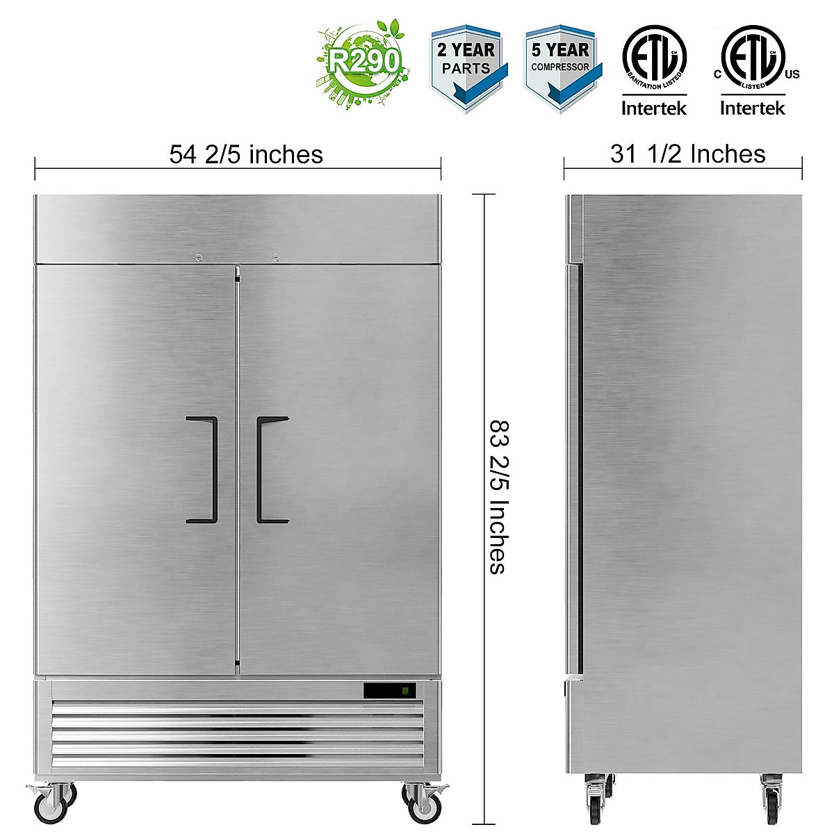 OUTBID 54" Commercial Freezers Upright 2 Door Stainless Steel Reach In Freezer with 8 Shelves, 49 Cubic Feet Air Cooling Auto Defrost Freezer for Restaurant Kitchen Garage, ETL NSF Approved