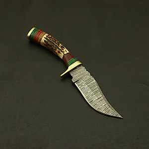 Handmade Damascus Steel Hunting knife Handle Stag Horn Bolster Beautiful Handle comes with Pure Leather Sheath | Camping Damascus Knife EDC