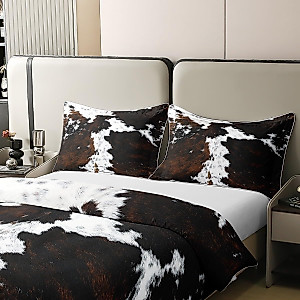 Cowhide Print 100% Cotton Duvet Cover for Kids Adults,Brown White Cow Fur Pattern Bedding Set King,Rustic Farmhouse Style Wild Animal Comforter Cover 3 Pcs with 2 Pillowcases