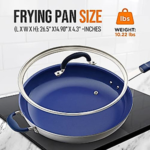 NutriChef 14" Fry Pan With Lid - Extra Large Skillet Nonstick Frying Pan with Silicone Handle, Ceramic Coating, Blue Silicone Handle, Stain-Resistant And Easy To Clean, Professional Home Cookware