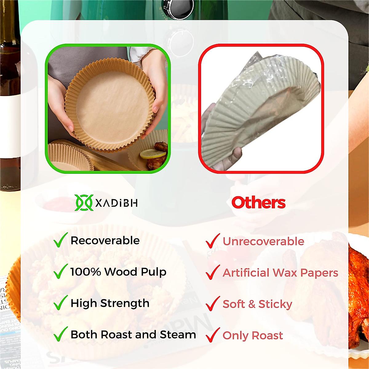 XADIBH Air Fryer Liners- Air Fryer Disposable Paper Liner, Non-Stick Basket Liners, Baking Paper for Air Fryer, Parchment Air Fryer Basket, Water-proof Air Fryer Liners for Baking (100PCS-6.3INCH)