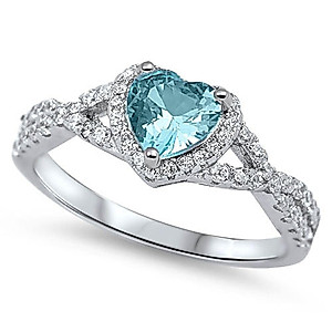 Heart Blue Simulated Aquamarine Halo Ring .925 Sterling Silver Infinity Knot Size 9